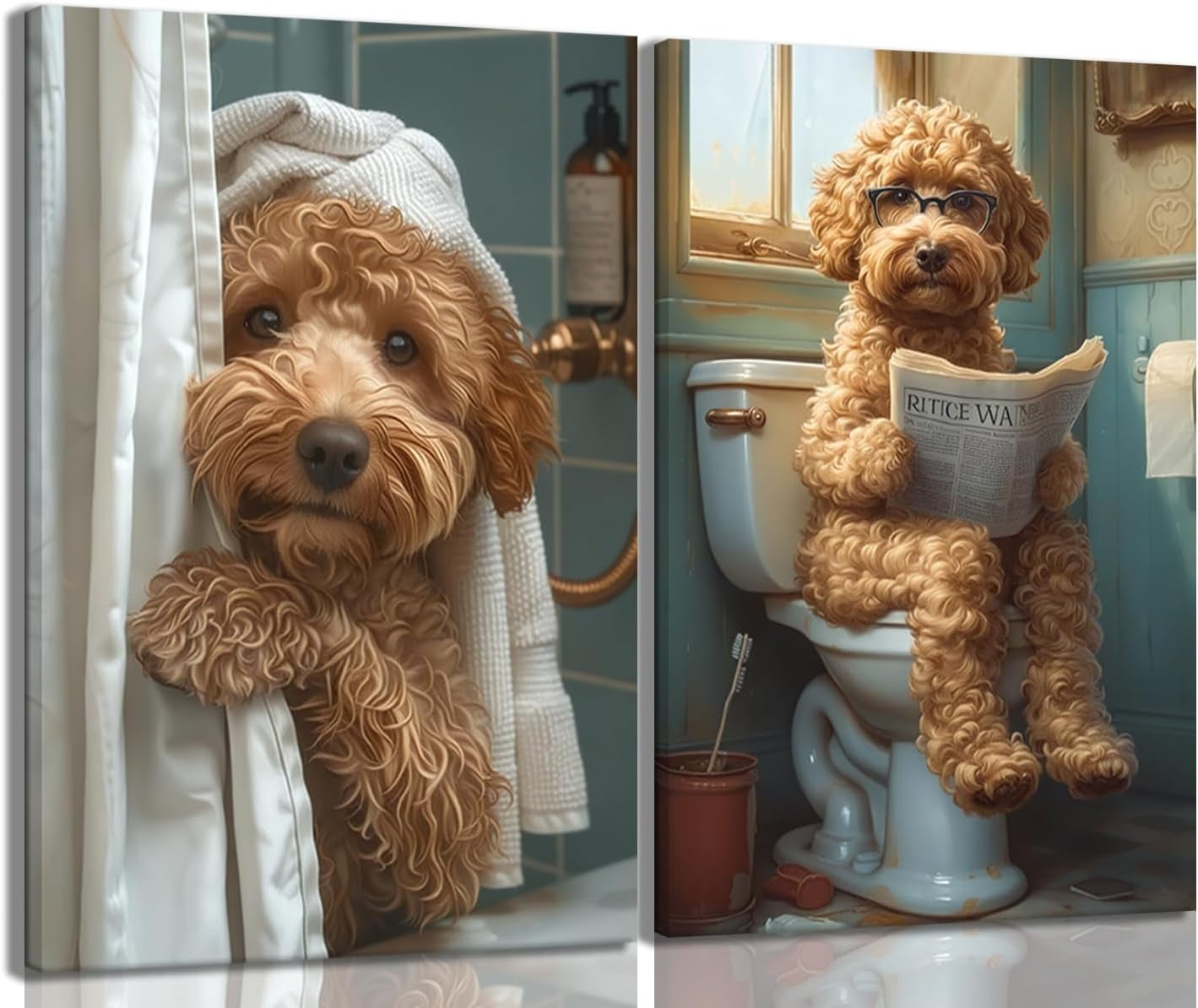 Funny Bathroom Canvas Wall Art-Set of 2 Poodle On Toilet Reading ...