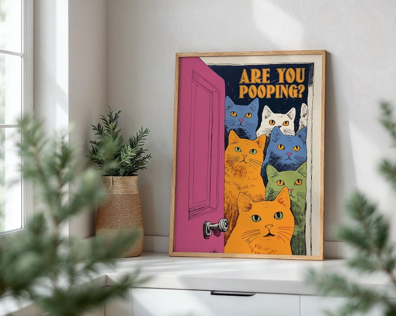 Funny Bathroom Cat Print, Maximalist Toilet Wall Art Poster, Humorous ...