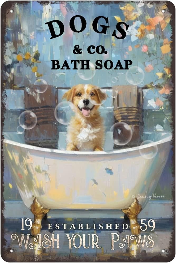 Funny Bathroom Decor, Dog Lover Metal Sign, Wash Your Paws Dog Bathroom ...