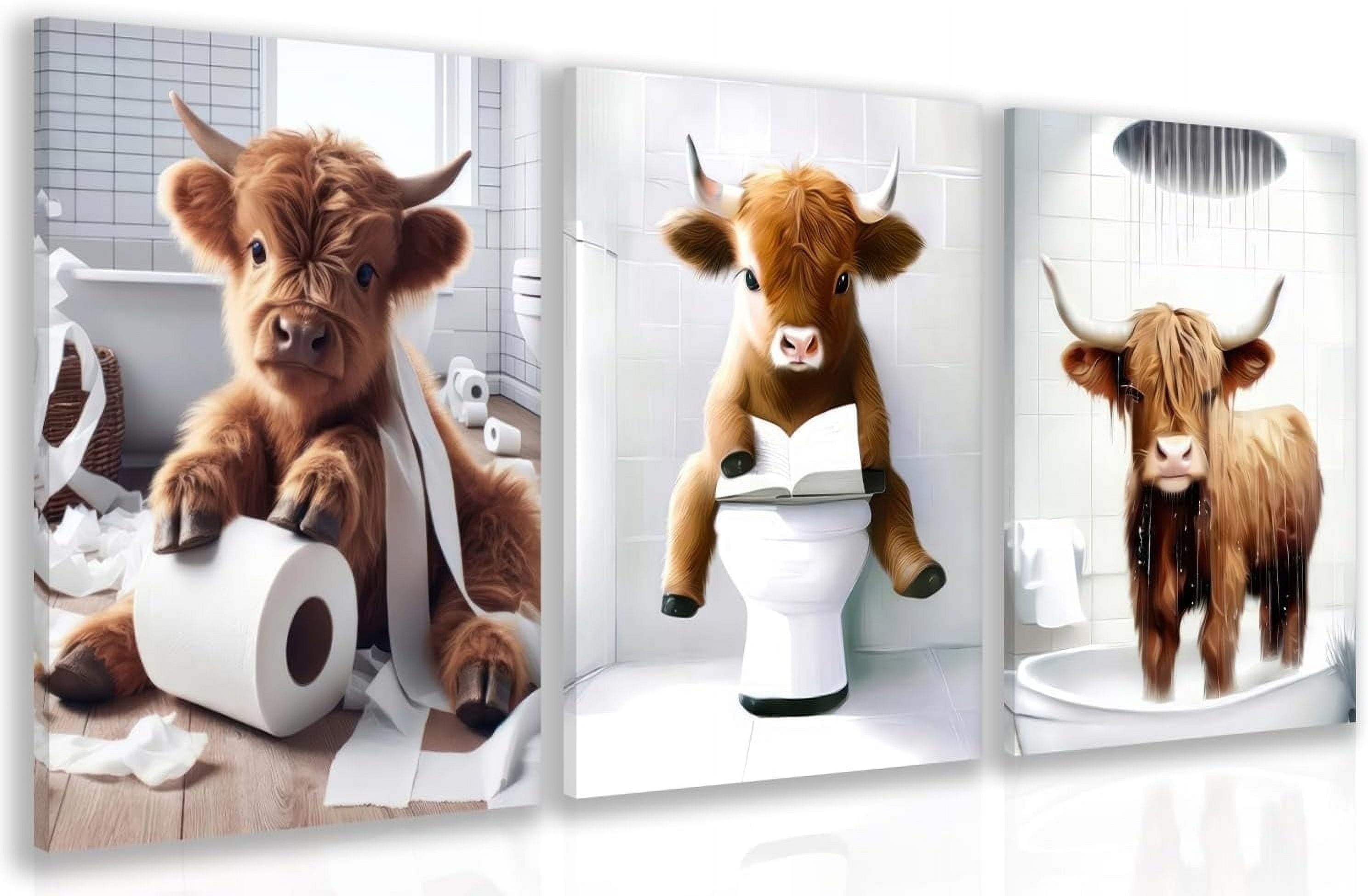 Funny Bathroom Highland Cow Canvas Wall Art, Cute Brown Cow Bathroom ...