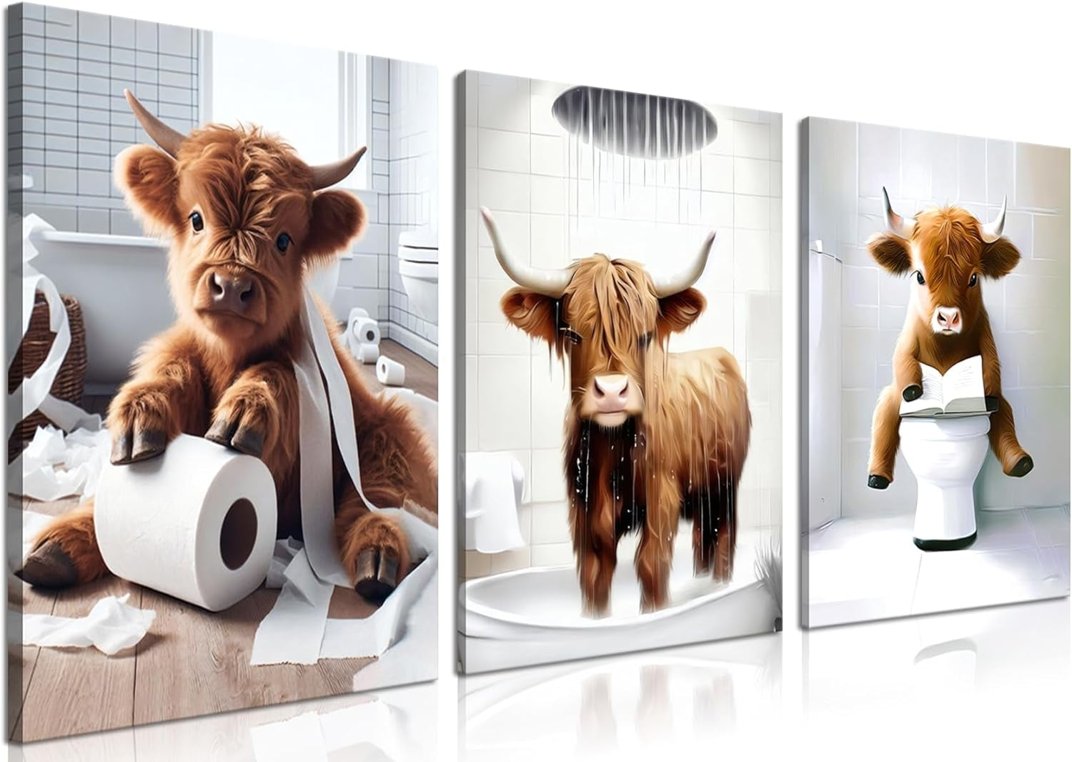 Funny Bathroom Highland Cow Wall Art, Brown Cute Cow Animal Canvas ...