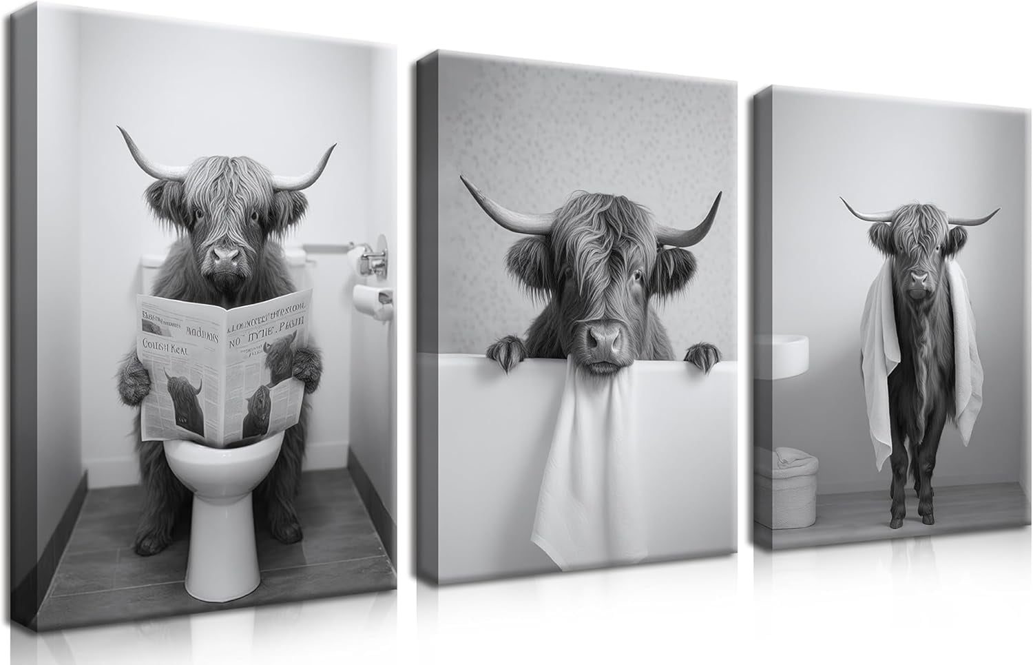 Funny Bathroom Highland Cow Wall Art, Brown Cute Cow Animal Canvas ...