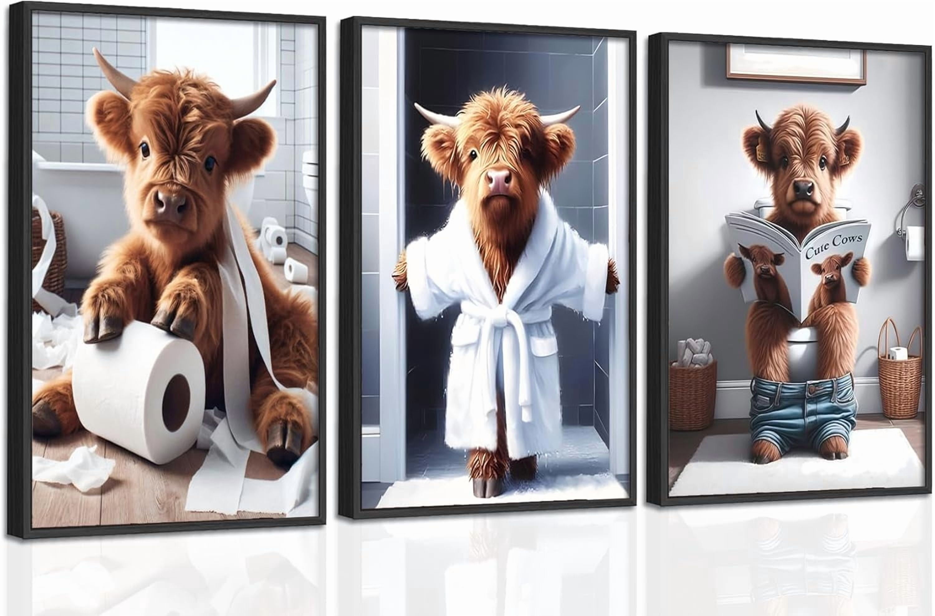 Funny Bathroom Highland Cow Wall Art Set of 3, Brown Cute Cow Animal ...