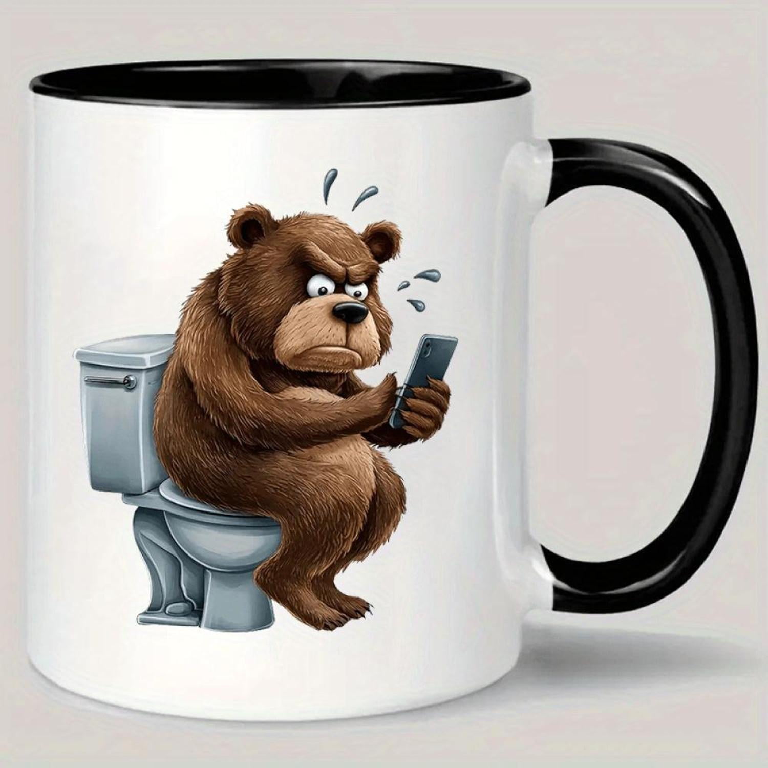 Funny Bathroom Mug with Phone Cute Bear on Toilet Cup Insulated Coffee ...