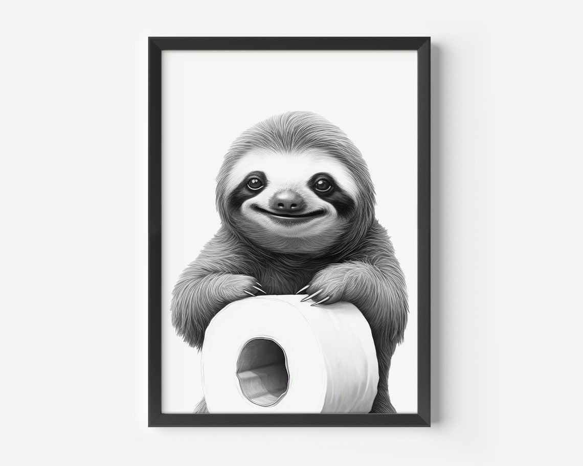 Funny Bathroom Poster: Cute Sloth With Toilet Paper Roll Black And ...