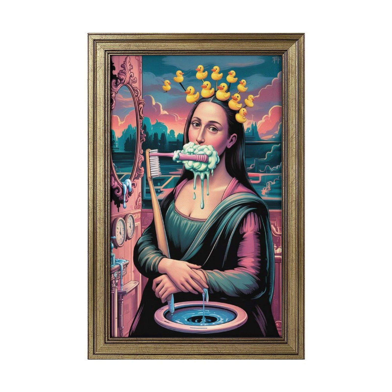 Funny Bathroom Poster Surreal Mona Lisa Duck Toothpaste & Melting Clock ...