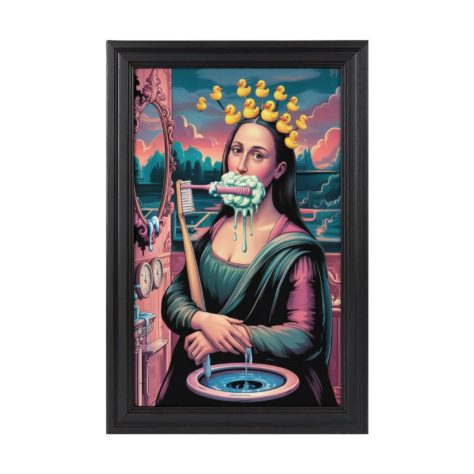 Funny Bathroom Poster Surreal Mona Lisa Duck Toothpaste & Melting Clock ...