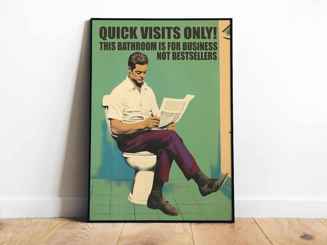Funny Bathroom Print Retro Bathroom Wall Art Toilet Quote Poster Reading A Paper Man On Toilet ...