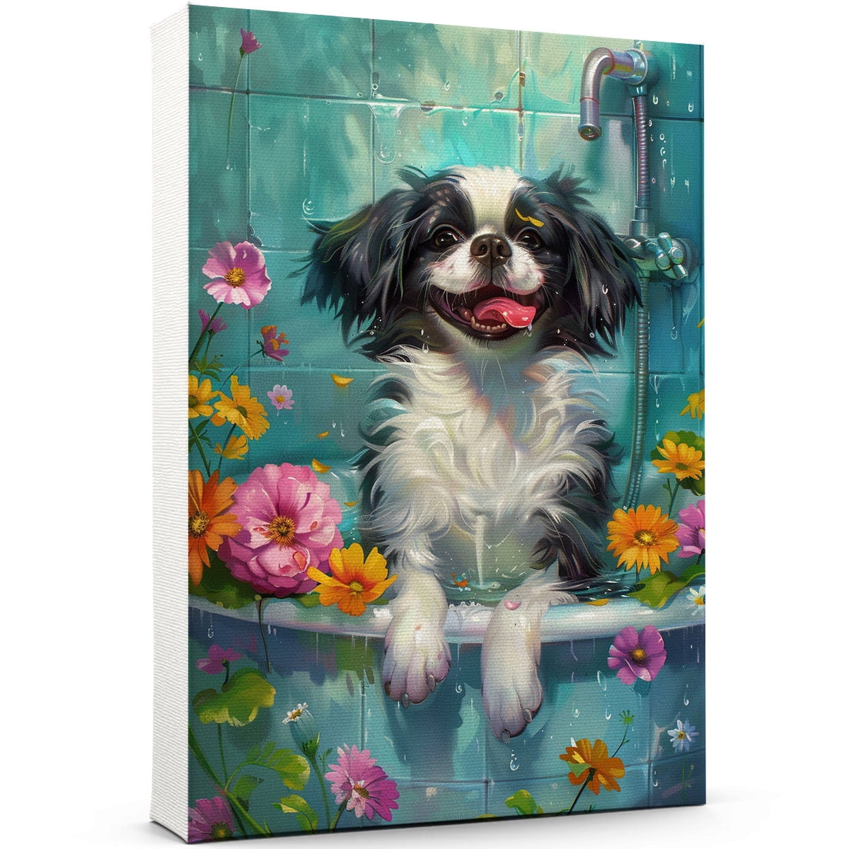 Funny Bathroom Wall Art CuteJapanese Chin Dog Canvas Print Dog Bathtub ...