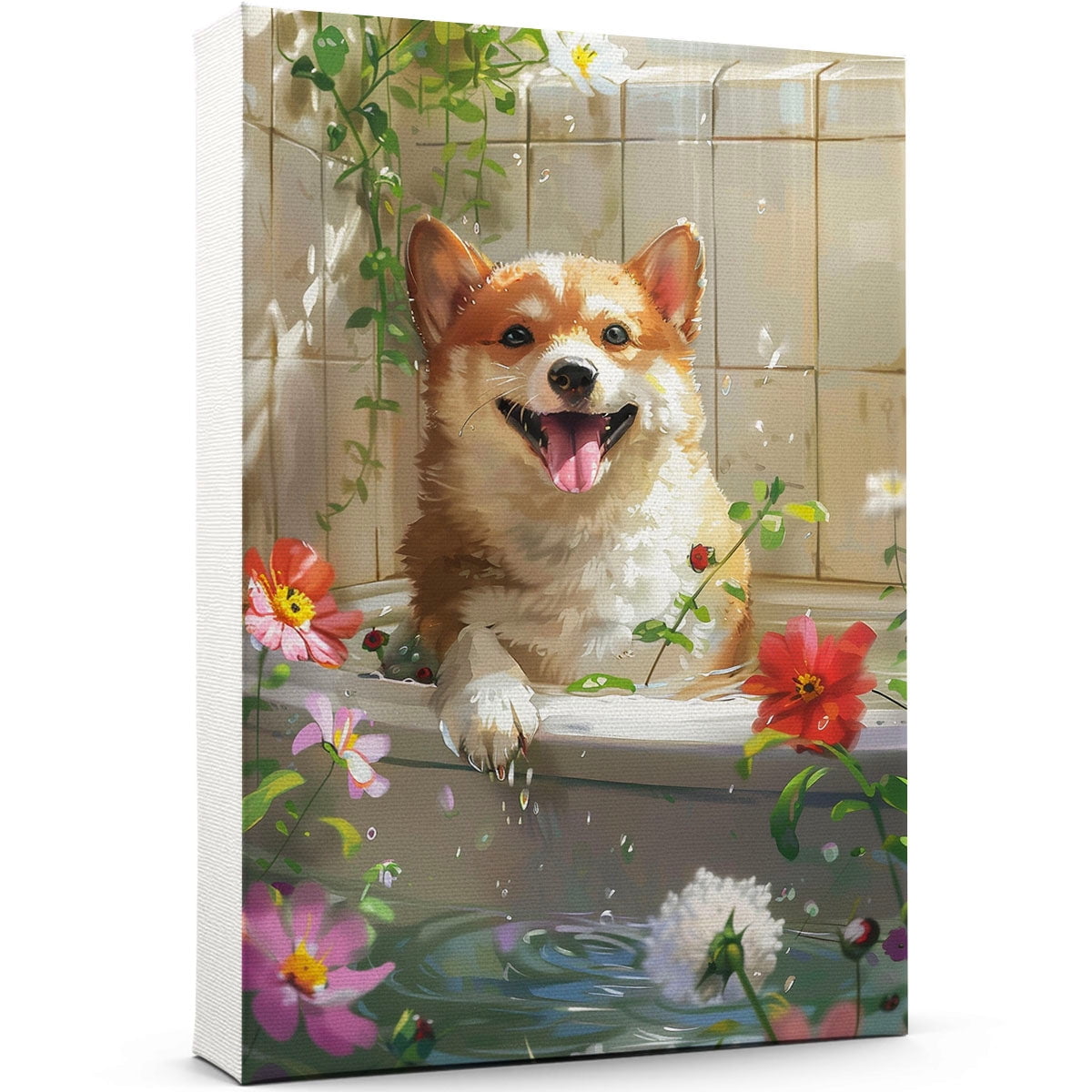Funny Bathroom Wall Art CuteNorwegian Lundehund Dog Canvas Print Dog Bathtub Picture Humor ...