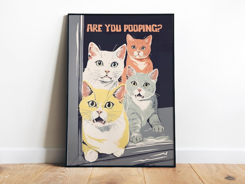 Funny Bathroom Wall Art Printable, Are You Pooping Cat Print, Retro Cat ...