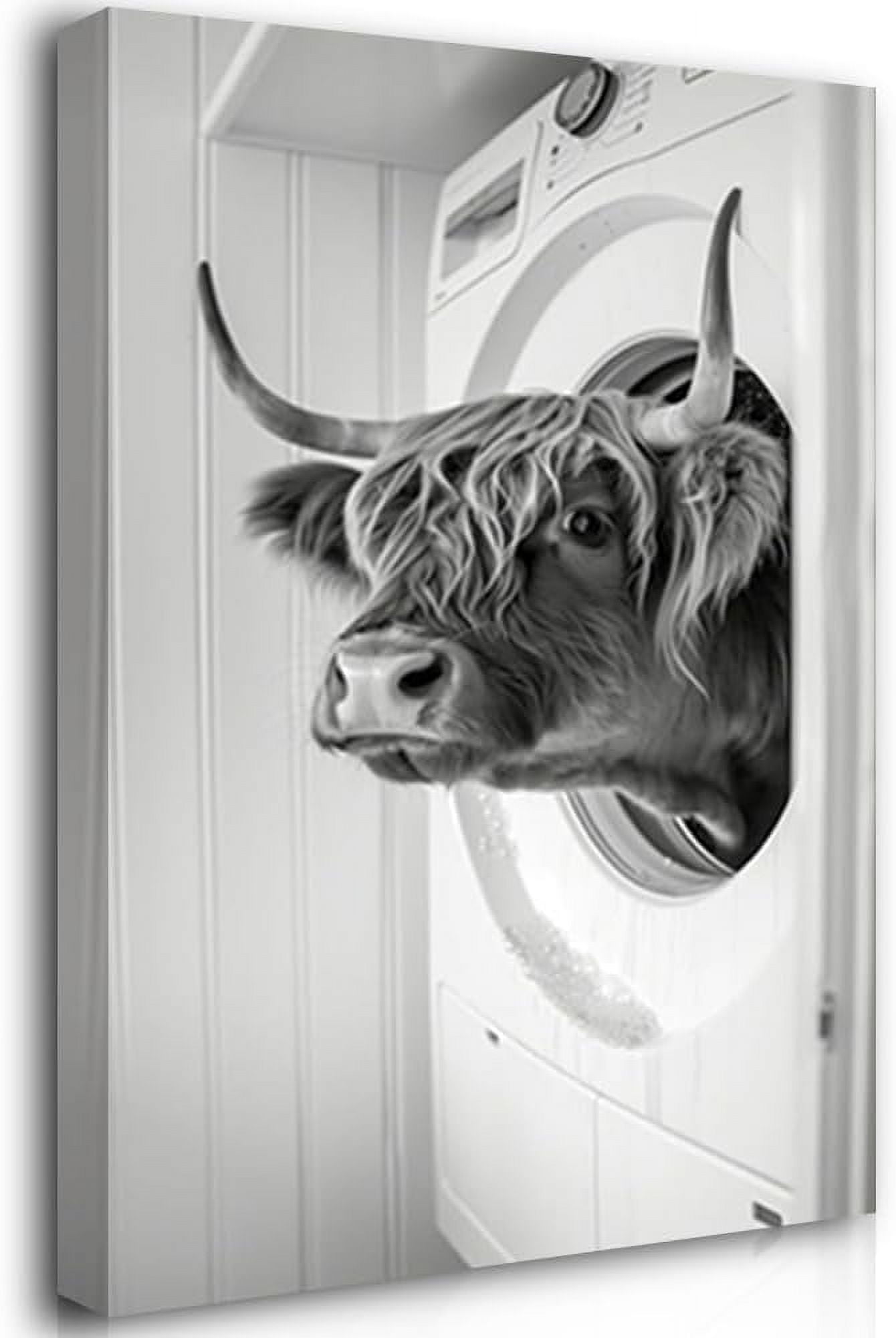 Funny Bathroom Wall Decor Black Gray Highland Cow in Washing Machine ...