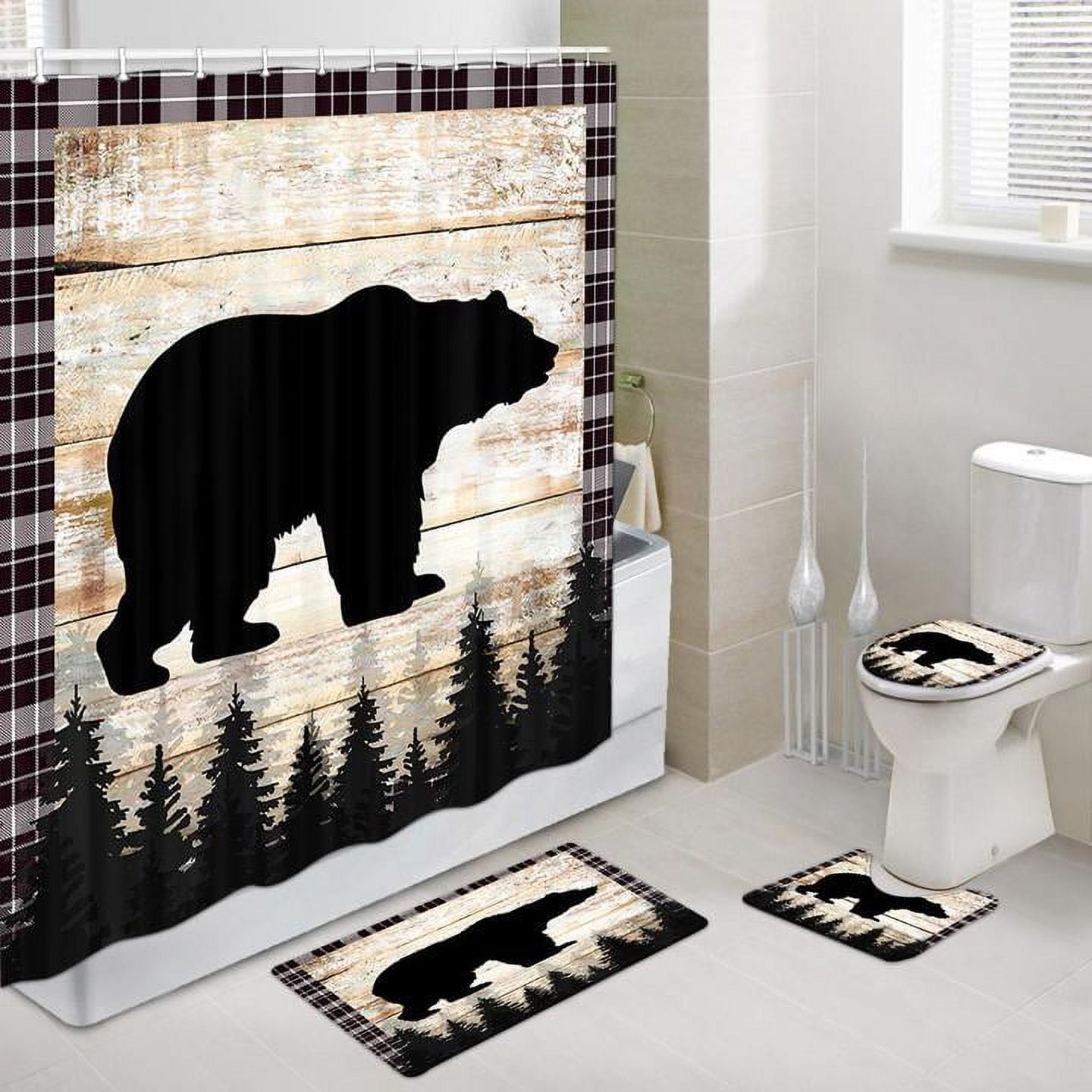 Funny Bear Shower Curtain Set, Black White Plaid Check Rustic Cabin ...