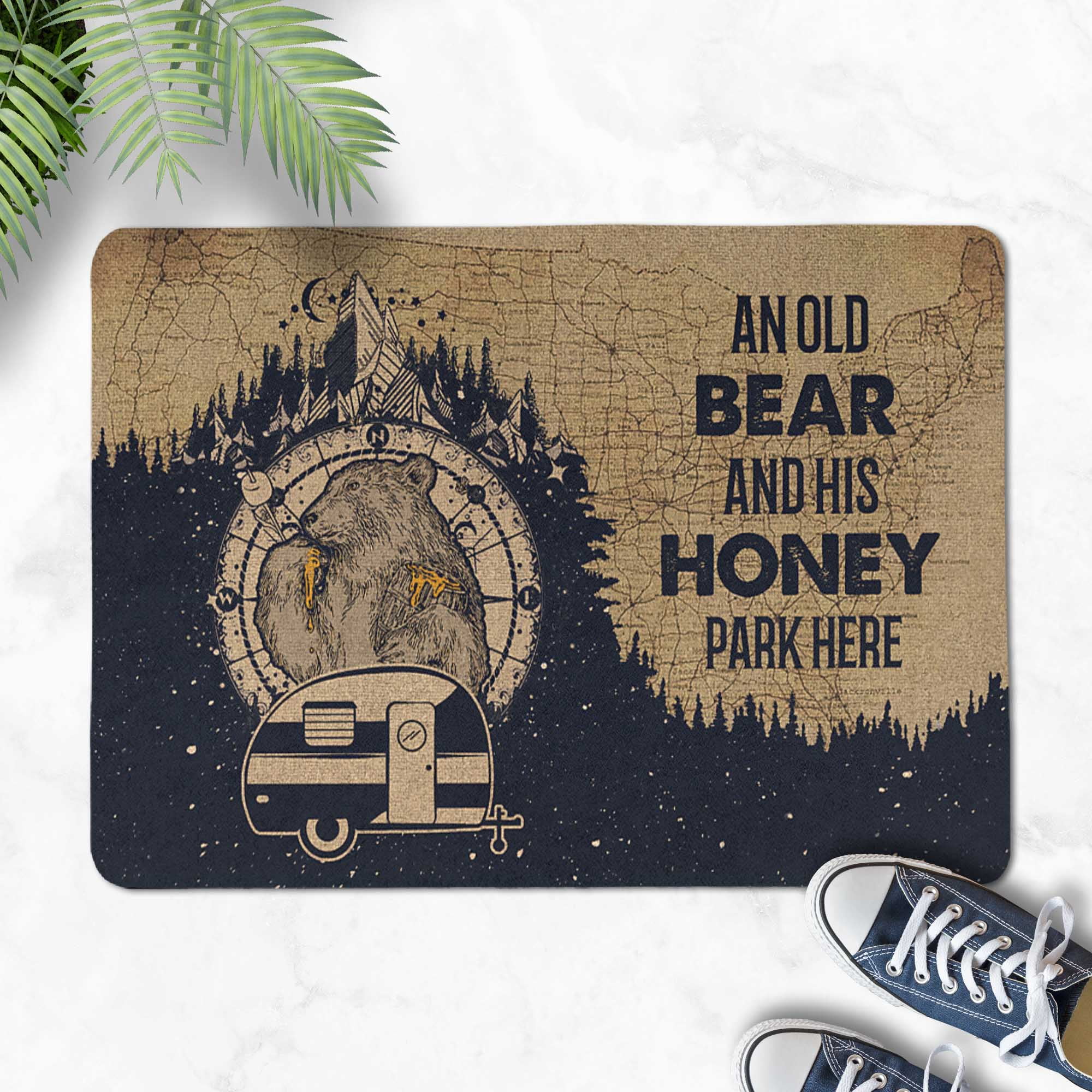 Funny Bear and Camper Doormat – Rustic Couple RV Mat with Forest Map ...