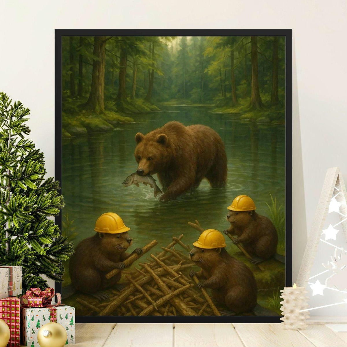 Funny Beavers and Bear Posters, Construction Theme Art, Wildlife ...