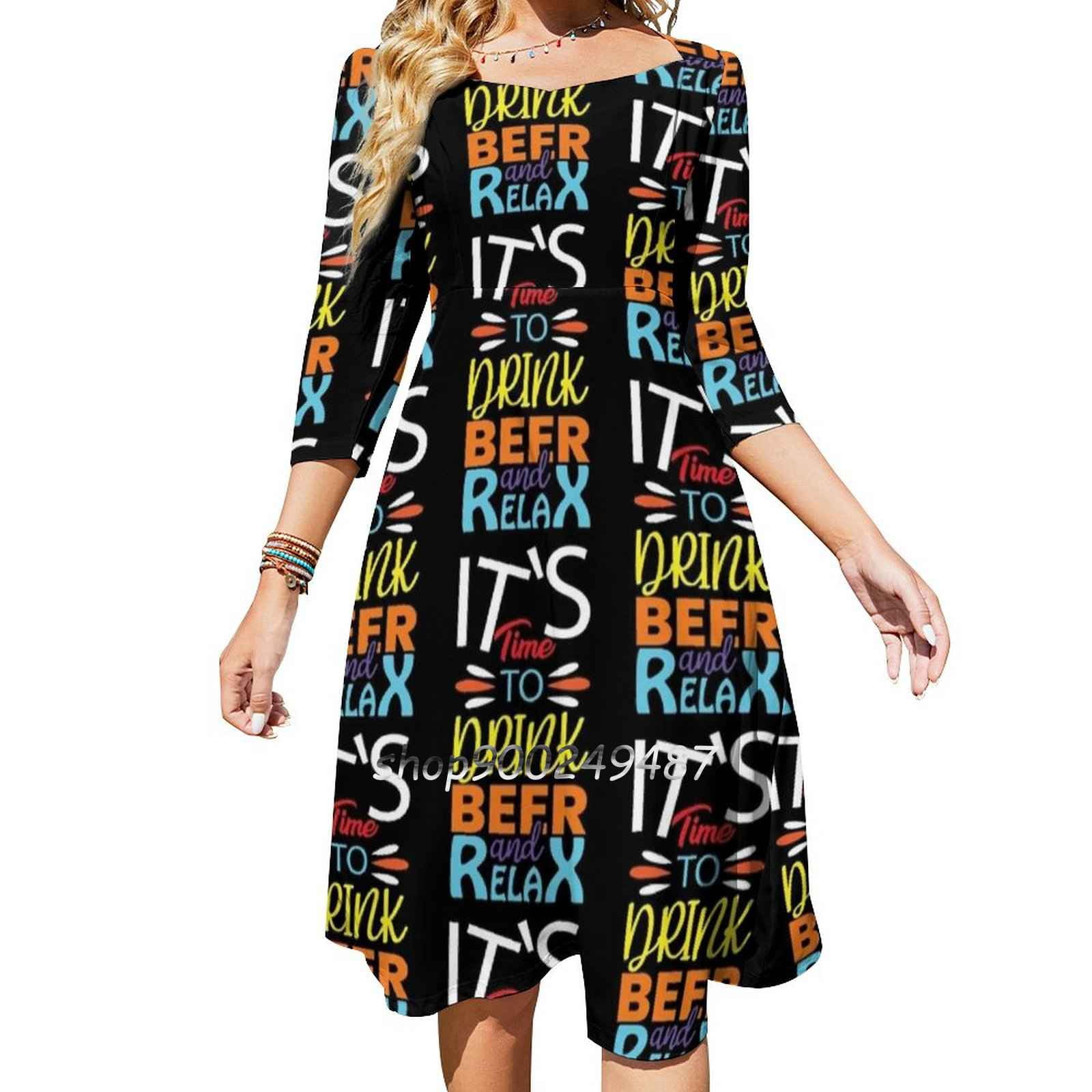 Funny Beer Typography Flare Dress Square Neck Dress Elegant Female ...