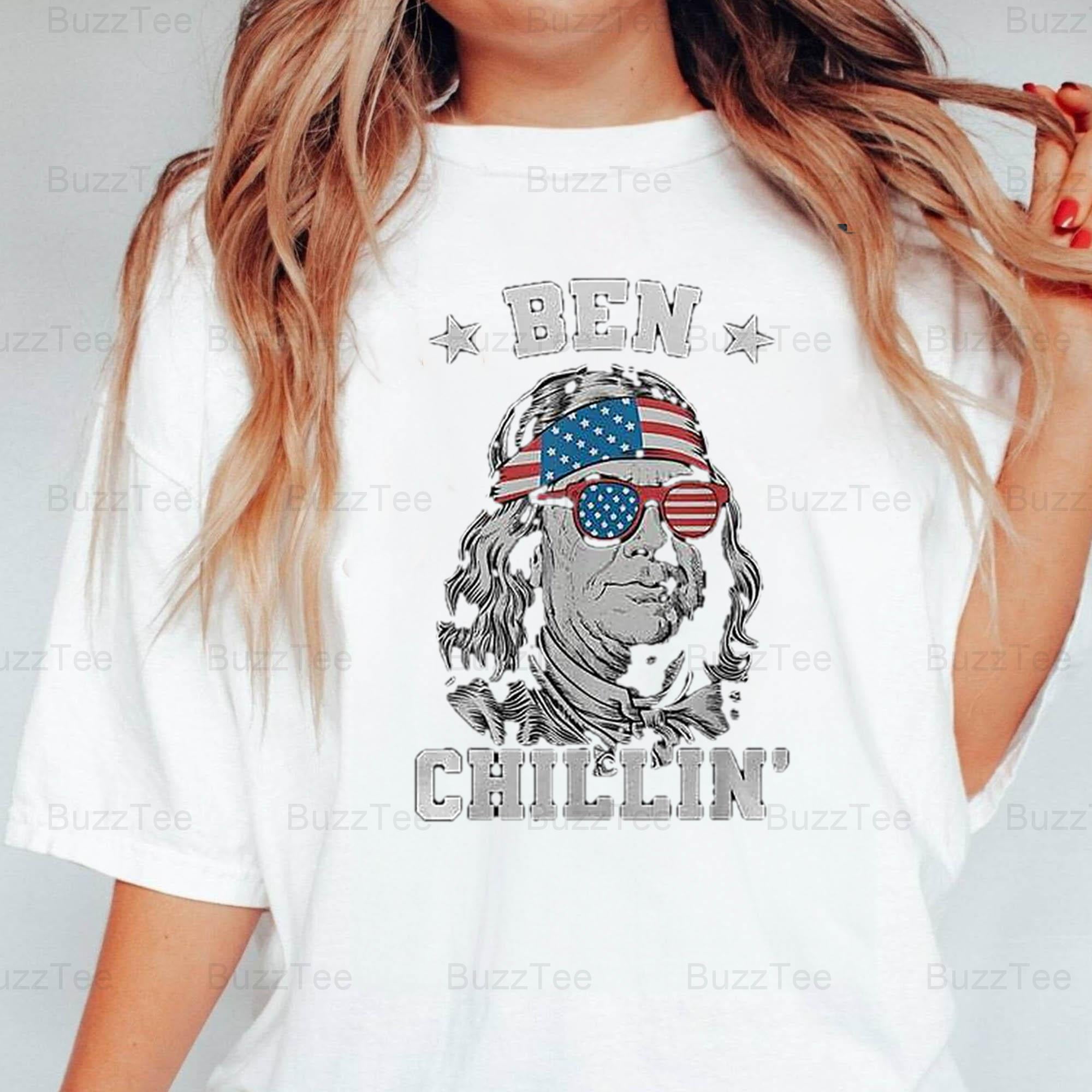 Funny Ben Chillin 4th July Franklin American Flag Historical Art T ...