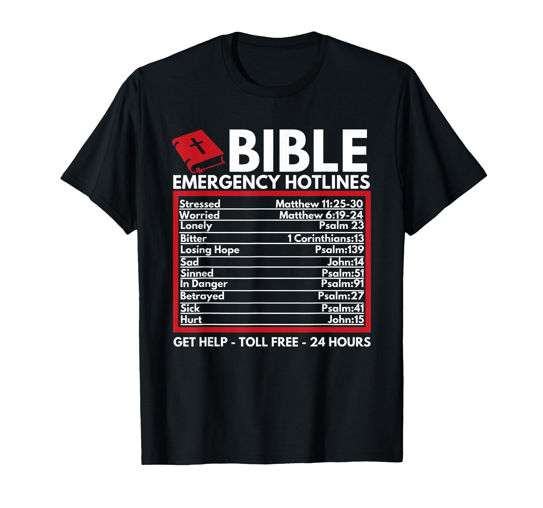 Funny Bible Emergency Numbers T-Shirt with Red Book Icon for Faith ...