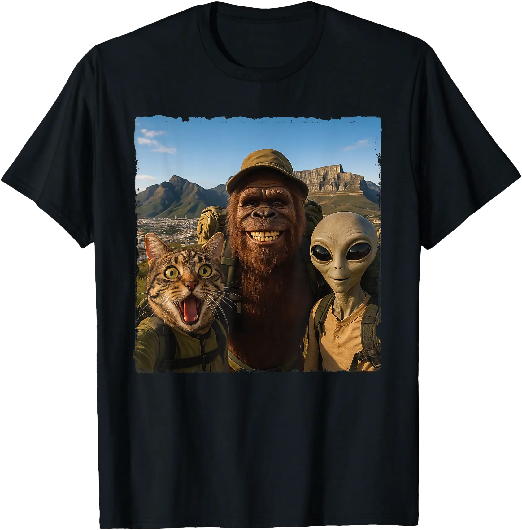 Funny Bigfoot Alien Cat Hiking Selfie T-Shirt for Outdoor Adventure ...