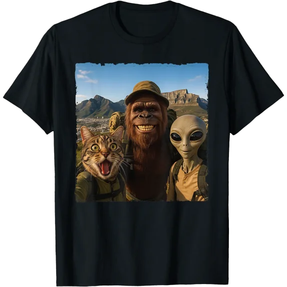 Funny Bigfoot Alien Cat Hiking Selfie T-Shirt for Outdoor Adventure ...