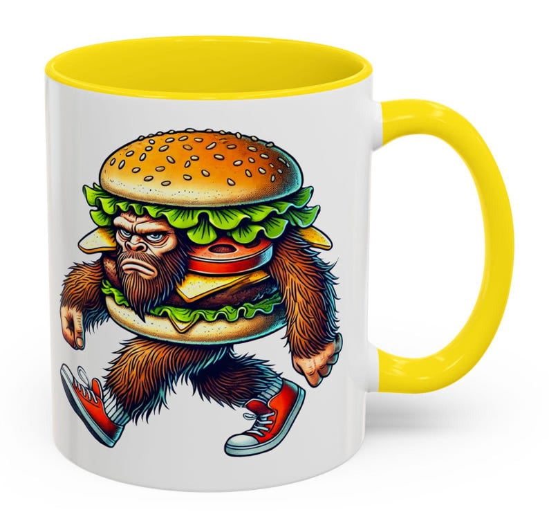 Funny Bigfoot Burger Mug, Sasquatch Cheeseburger Monster Design ...