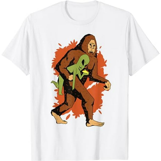 Funny Bigfoot Carrying Alien Eating Taco! Sasquatch Aliens T-Shirt ...