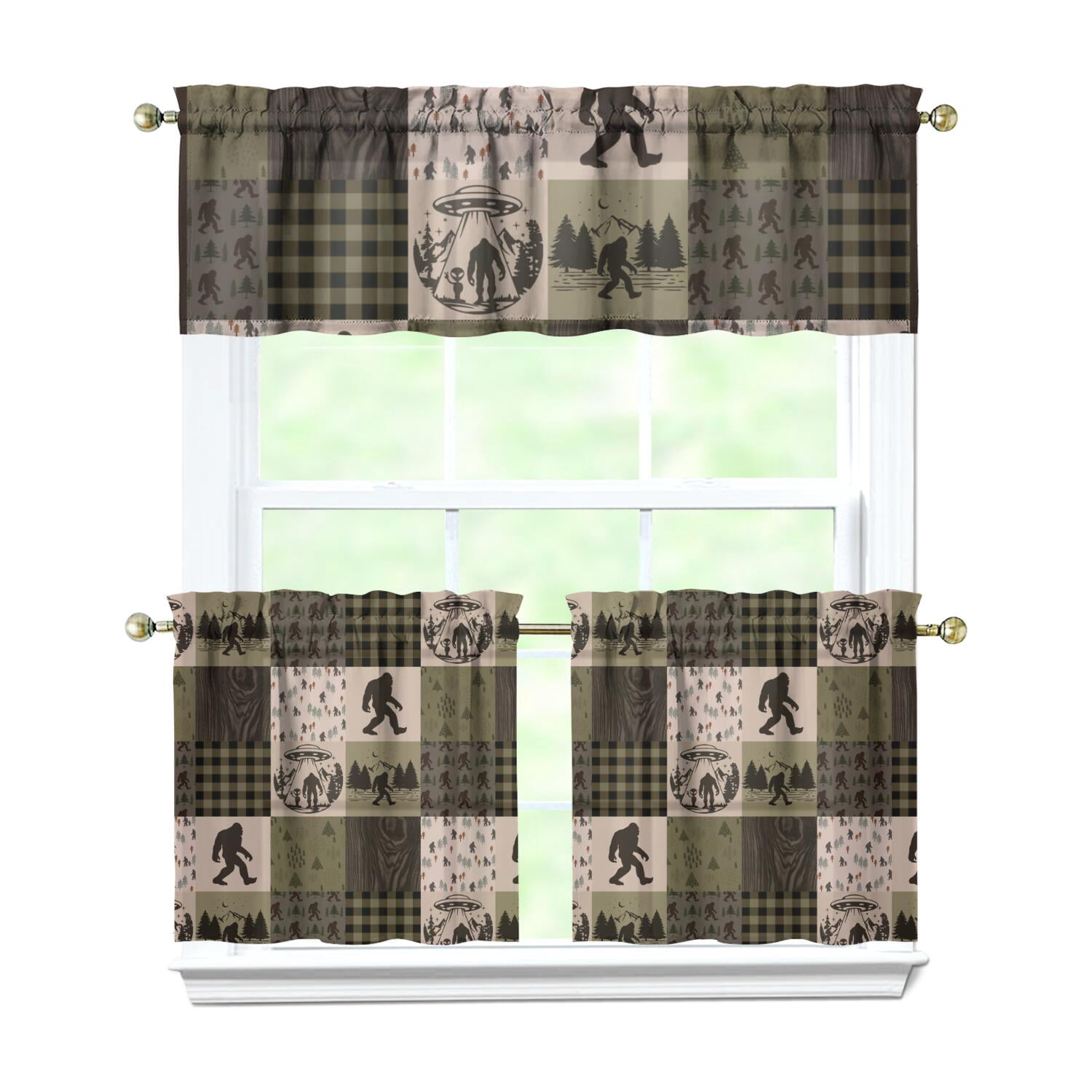 Funny Bigfoot Kitchen Curtains for Windows – Retro Forest Mountain ...