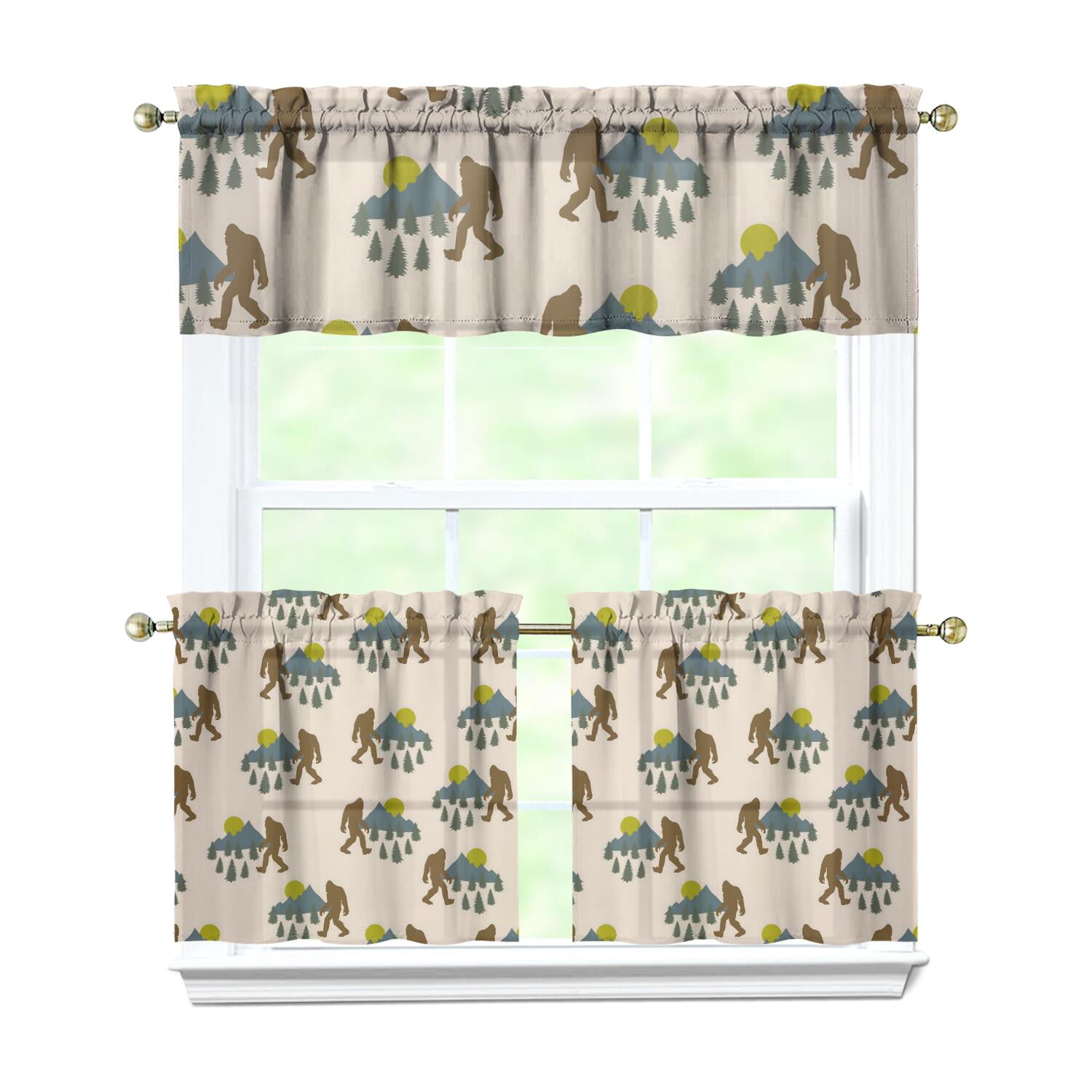 Funny Bigfoot Kitchen Curtains for Windows – Retro Forest Mountain ...