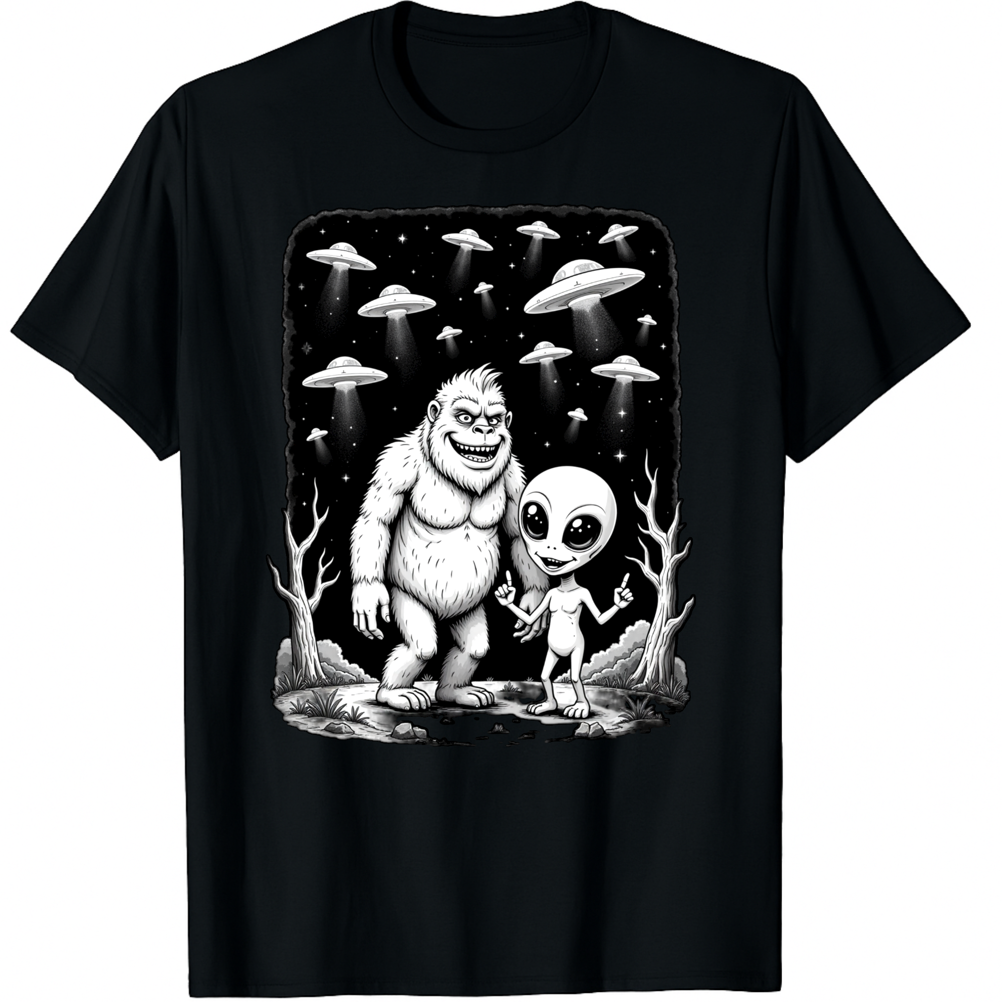 Funny Bigfoot and Alien Sasquatch Bruh Selfie Graphic Black T-Shirt for ...