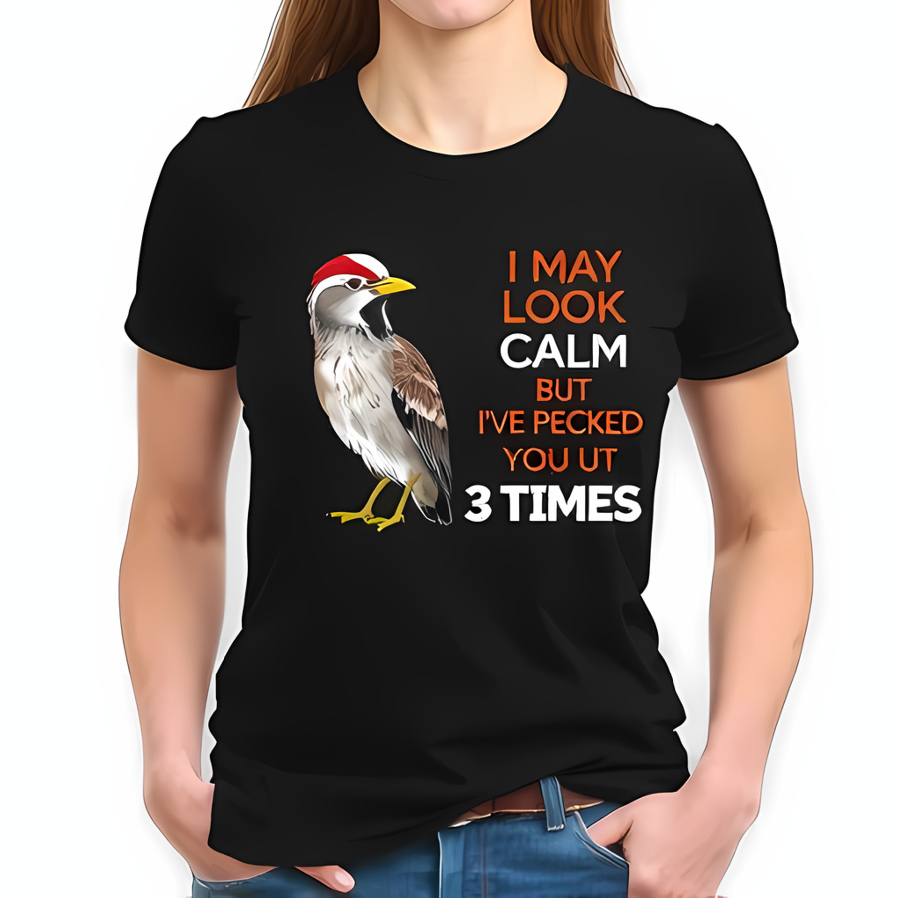 Funny Bird Graphic Tee - Black Cotton Short Sleeve T-Shirt with Stylish Starling Illustration ...