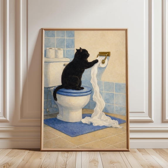 Funny Black Cat Bathroom Art Print, Toilet Paper Cat Poster Vintage ...