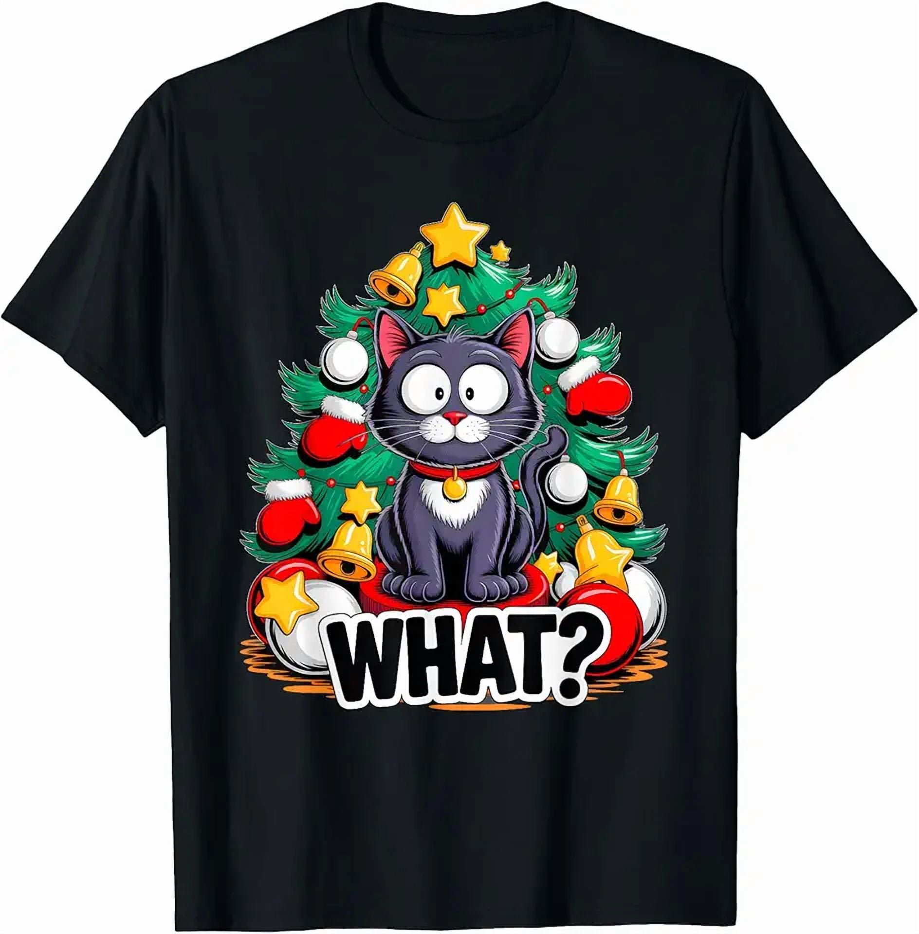Funny Black Cat Christmas Tree Merry Xmas Humor Cat What? T-Shirt ...