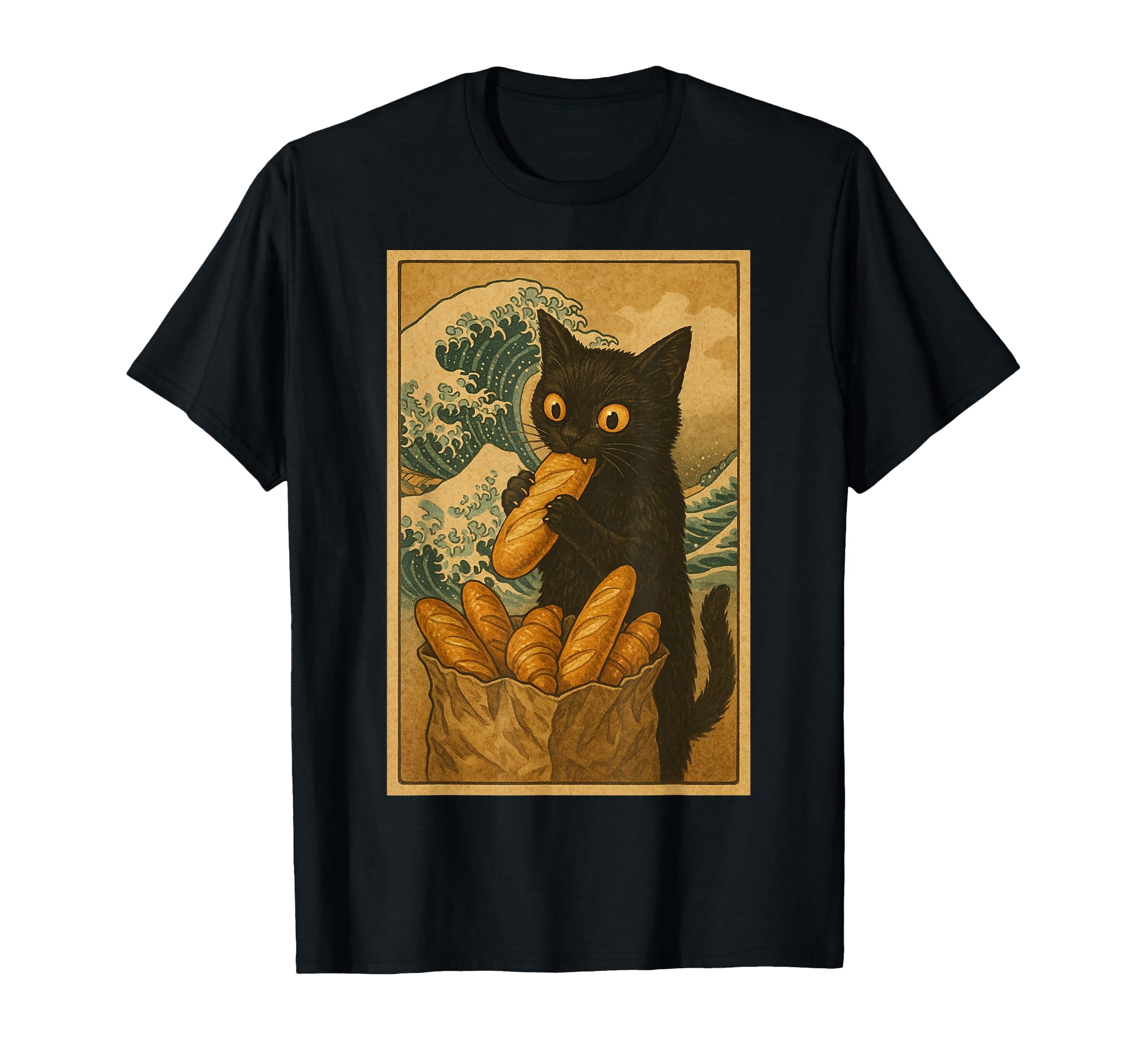 Funny Black Cat Eating Bread T-Shirt with Retro Ocean Wave Art and ...