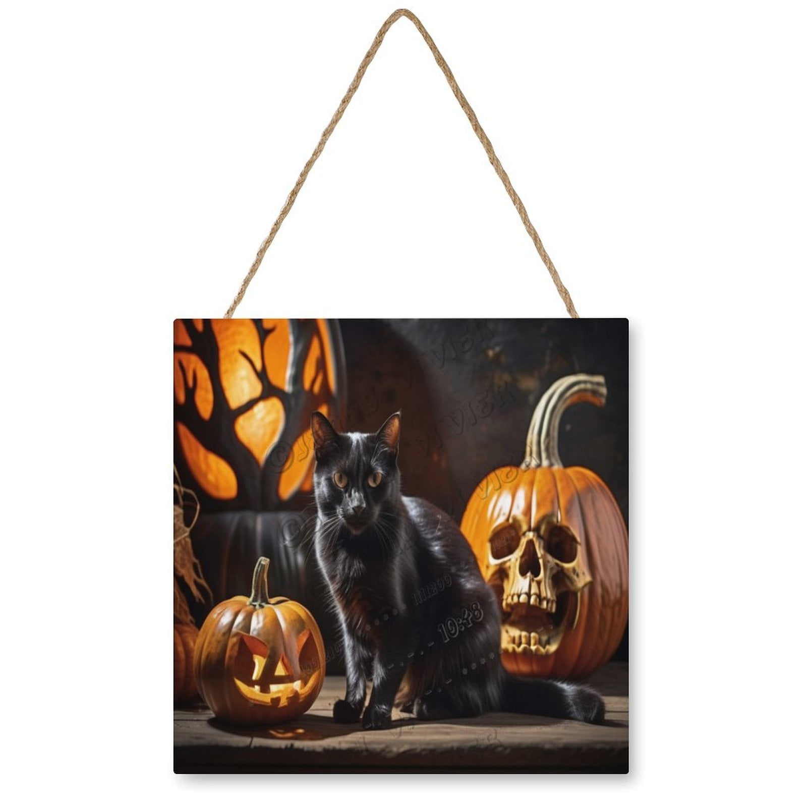 Funny Black Cat Halloween Door Sign Skull Skeleton Wooden Hanging Sign ...