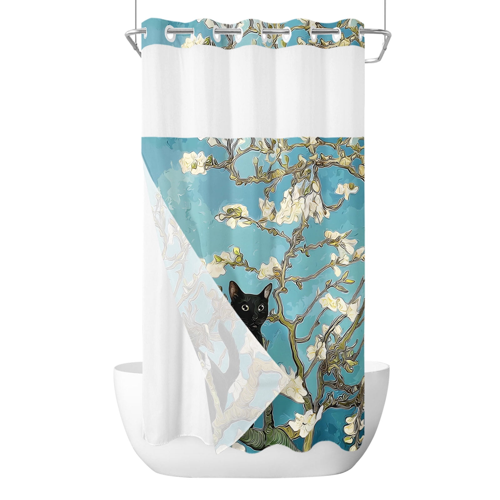 Funny Black Cat No Hook Shower Curtain with Snap in Liner, Blossom ...
