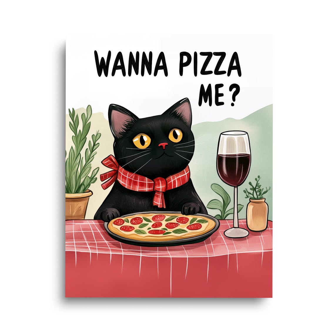 Funny Black Cat Pizza Print, Italian Kitchen Food Art, Pet Lover Wall ...