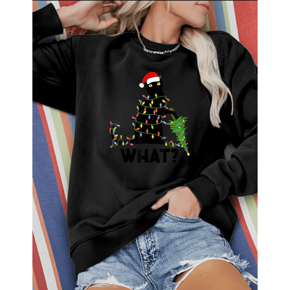 Funny Black Cat Pushing Christmas Tree Over Holiday Fun Sweatshirt, for ...