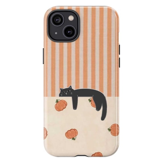 Funny Black Cat on Pumpkin Patch Phone Case, Cozy Autumn Striped Art ...