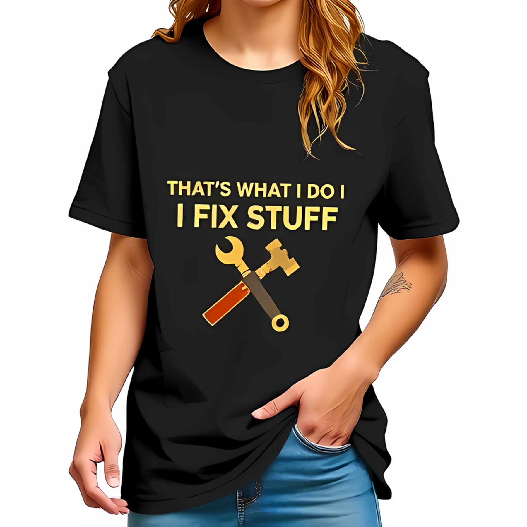 Funny Black Cotton Short Sleeve T-Shirt with Gold Lettering: 'That's ...