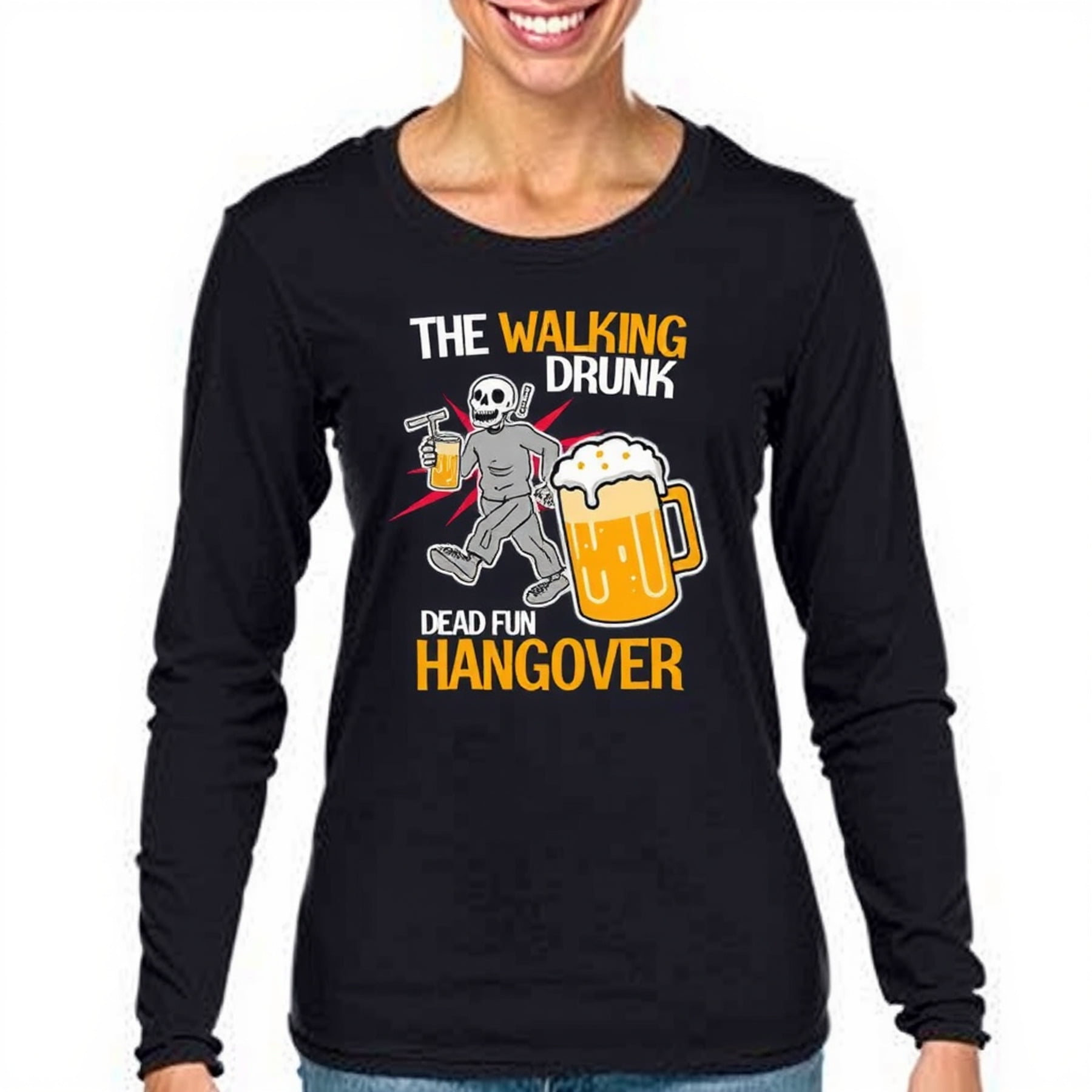 Funny Black Long Sleeve T-Shirt - "The Walking Drunk" Skeleton Parties ...