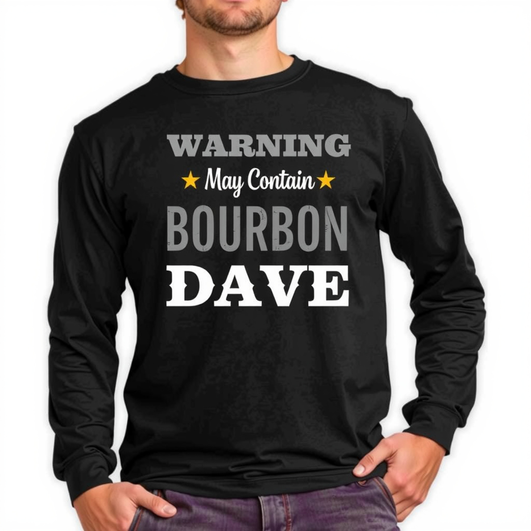 Funny Black Long Sleeve T-Shirt WARNING: May Contain BOURBON DAVE' - Humorous Design for Bourbon ...