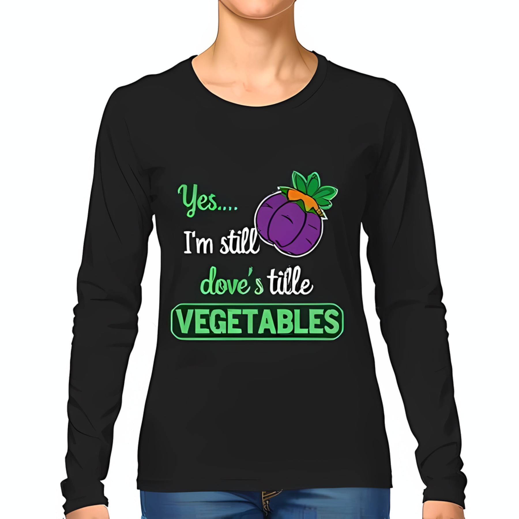 Funny Black Long Sleeve T-Shirt with Eggplant Design and 'Yes I'm still ...