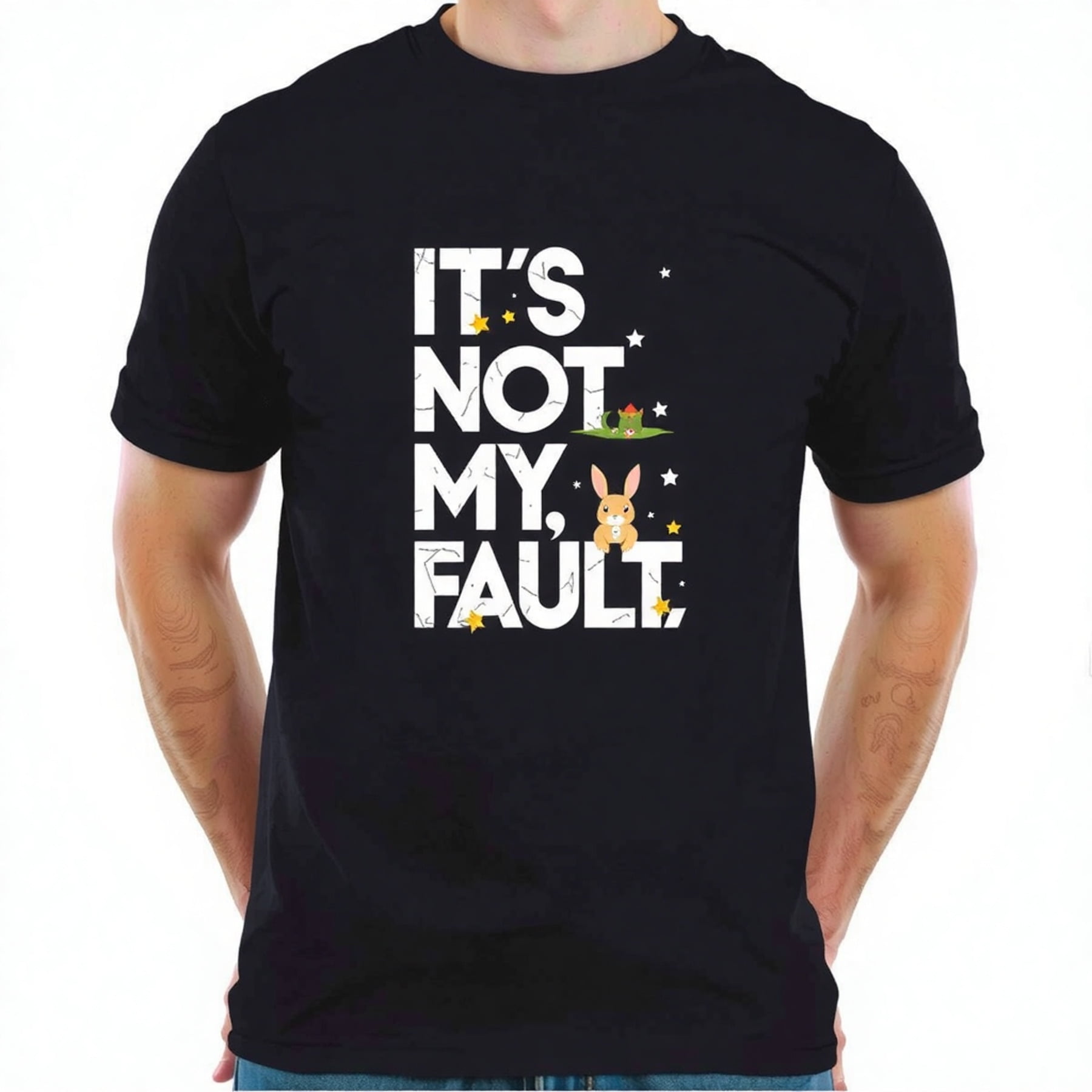 Funny Black T-Shirt 'IT'S NOT MY FAULT' Graphic Tee with Rabbit & Stars ...