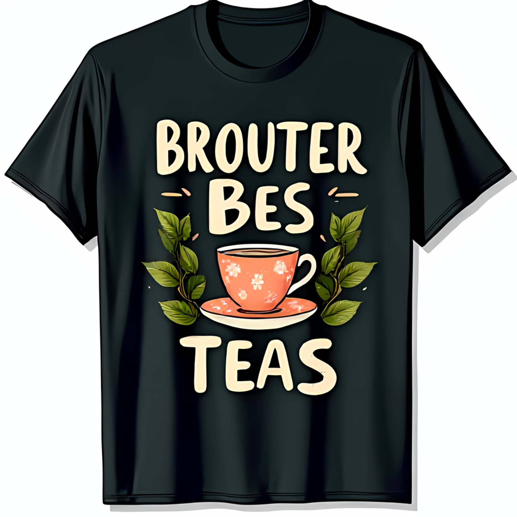 Funny Black T-Shirt with BROUTER BES TEAS & Cartoon Teacup Design ...