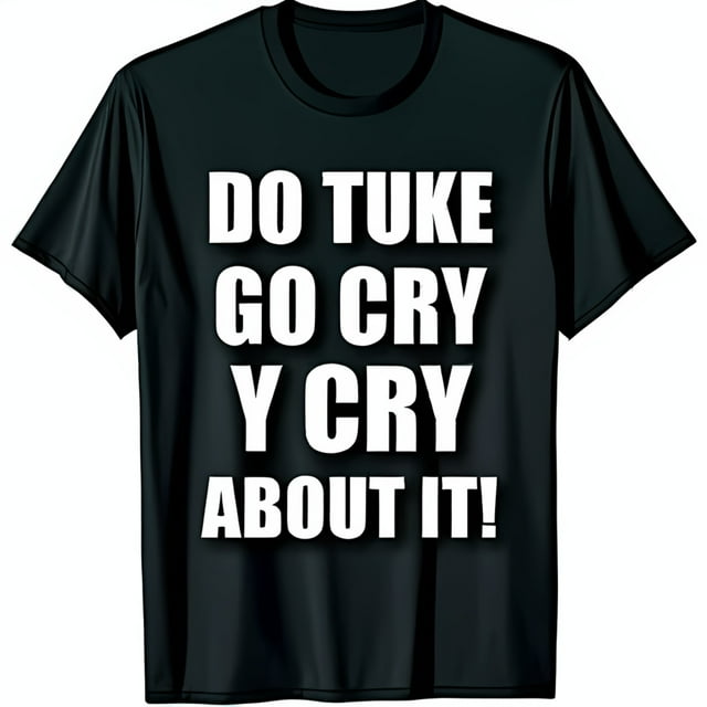 Funny Black T-Shirt with Bold White Text: 'DO TUKE GO CRY Y CRY ABOUT ... Funny Black T-Shirt with Bold White Text: 'DO TUKE GO CRY Y CRY ABOUT ...