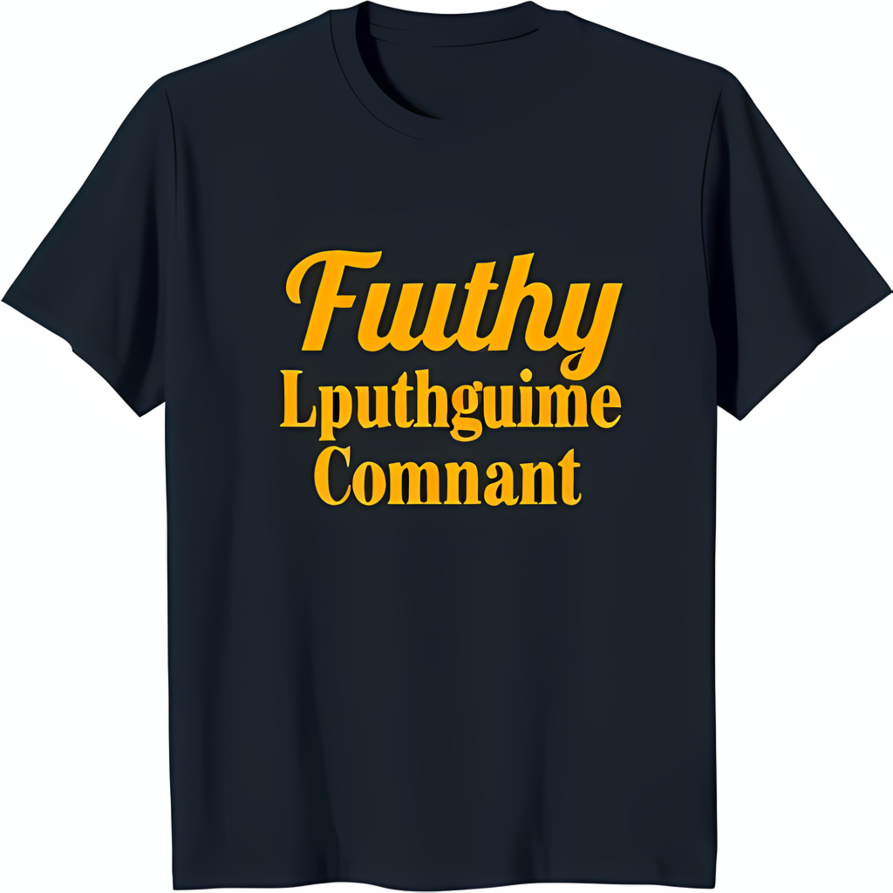 Funny Black T-Shirt with Bold Yellow Cursive Graphic: 'Futhy Lputhguime ...