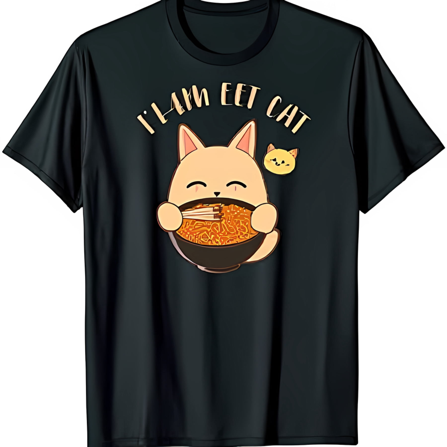 Funny Black T-Shirt with Cartoon Cat Enjoying Ramen I eet cat Design ...