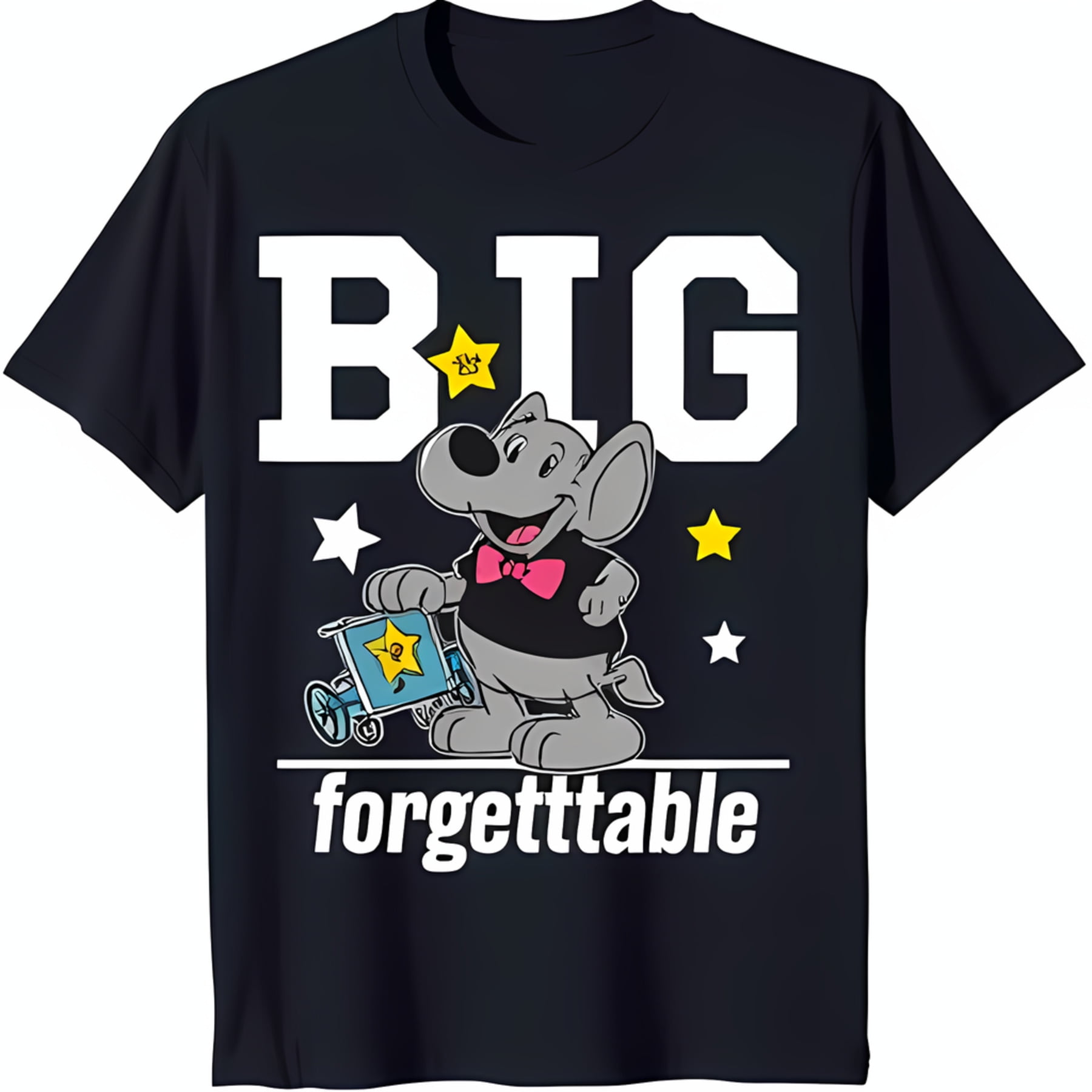Funny Black T-Shirt with Cartoon Elephant & 'BIG' Text 'Forgettable ...