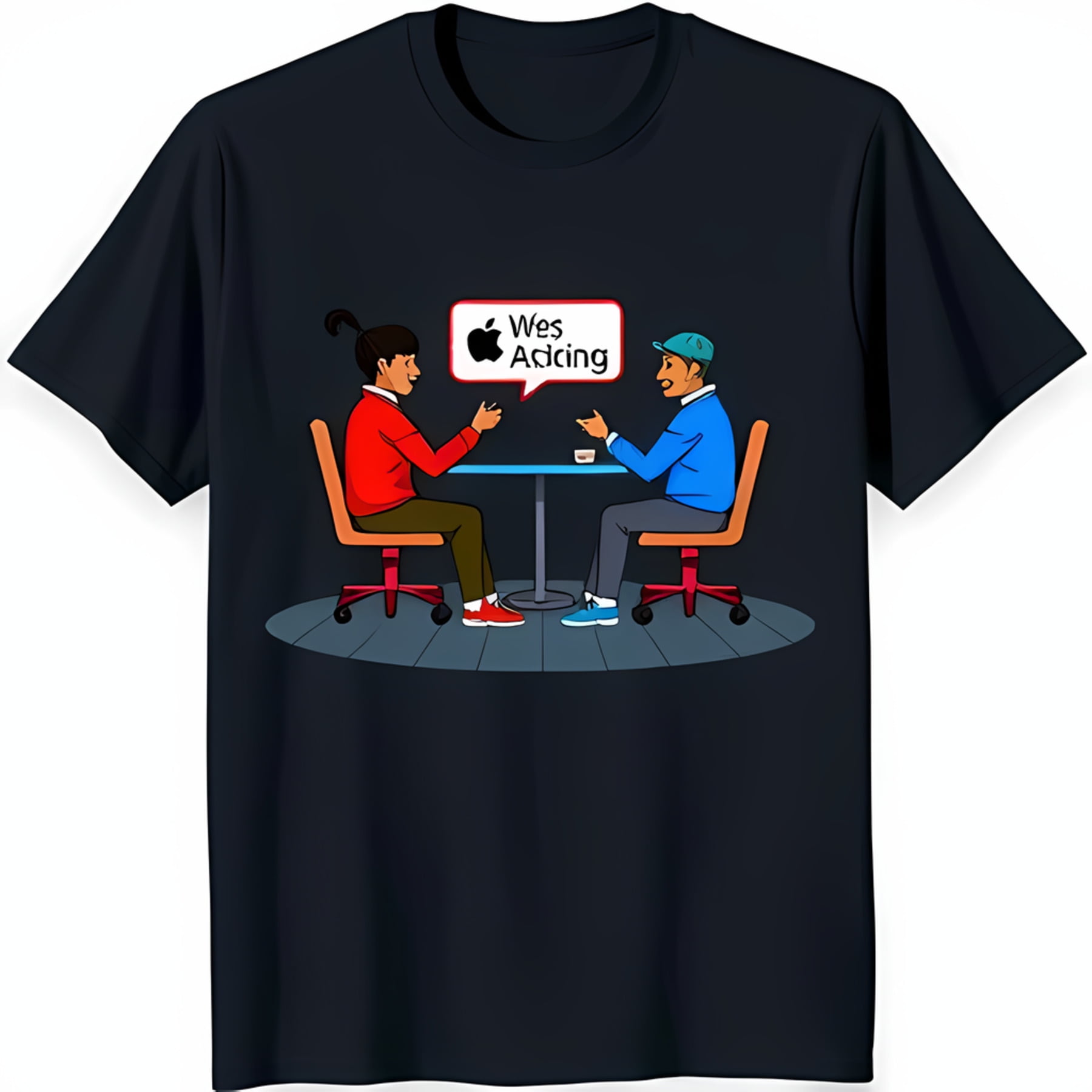 Funny Black T-Shirt with Cartoon Graphic: Two Friends at Table 'Wes ...