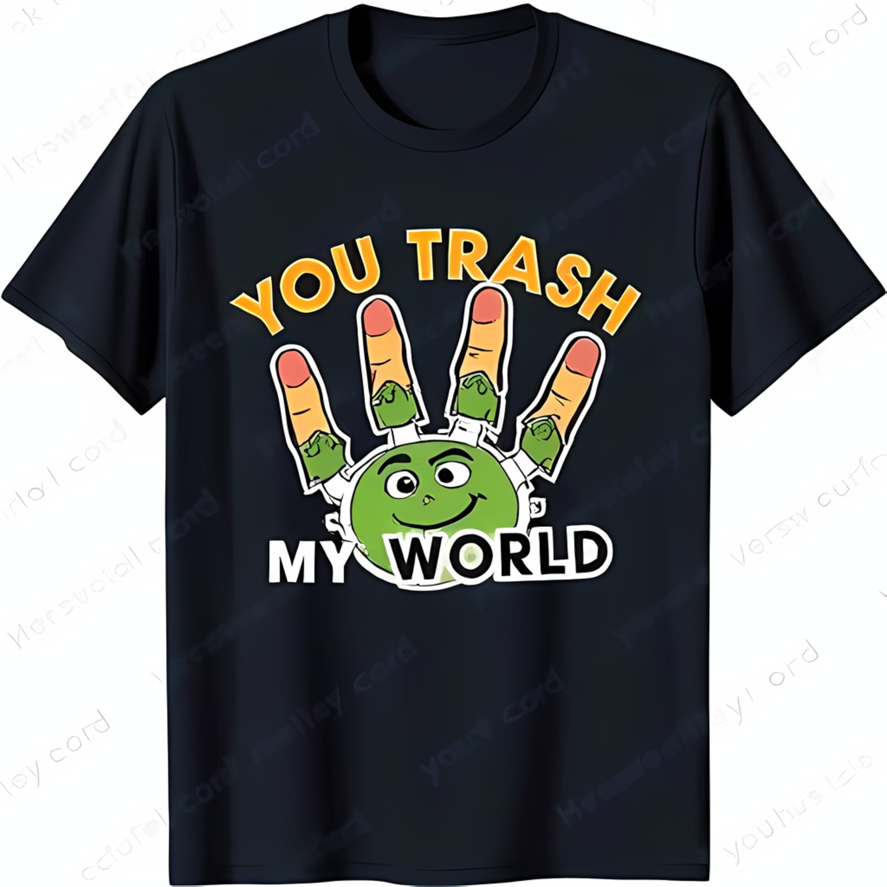 Funny Black T-Shirt with Cartoon Hand Graphic 'You My World' Design ...